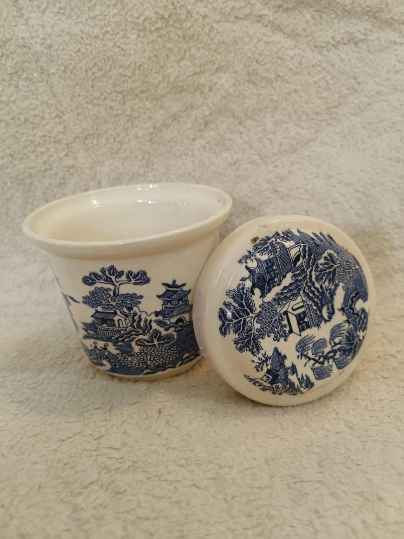 MASONS WILLOW PATTERN STILTON JAR IRONSTONE LIDDED STORAGE JAR IN BLUE ...
