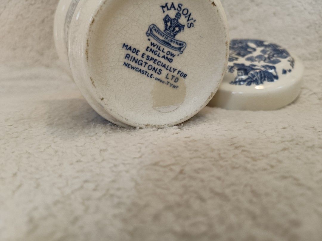 MASONS WILLOW PATTERN STILTON JAR IRONSTONE LIDDED STORAGE JAR IN BLUE ...