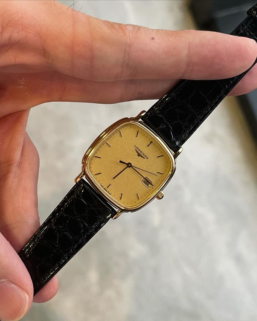 Vintage 80's Longines Square Case Gold snowflake Dial Yellow Gold ...