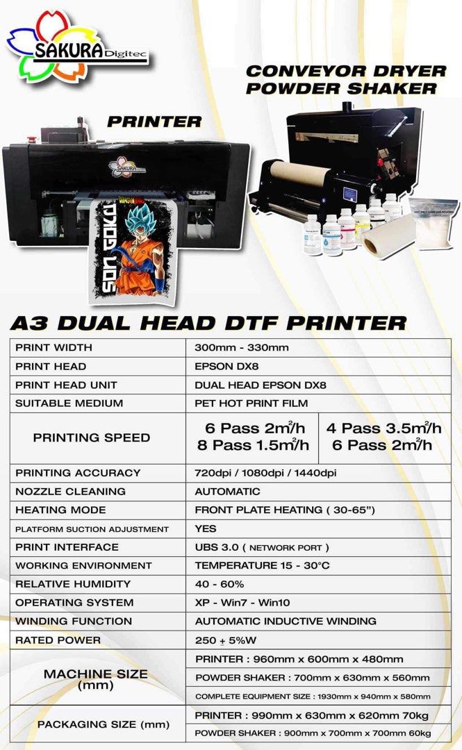 A3 Dual Head DTF Printer, with Conveyor Dryer and Powder Shaker ...
