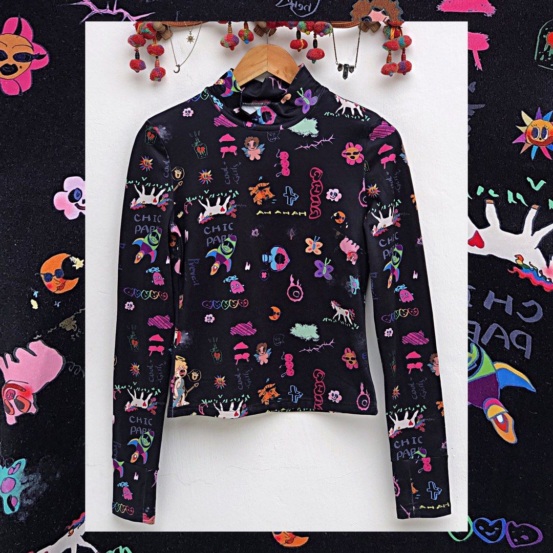 Chic Park Art Doodles Illustration Digi Print Pattern AOP Mock Neck ...