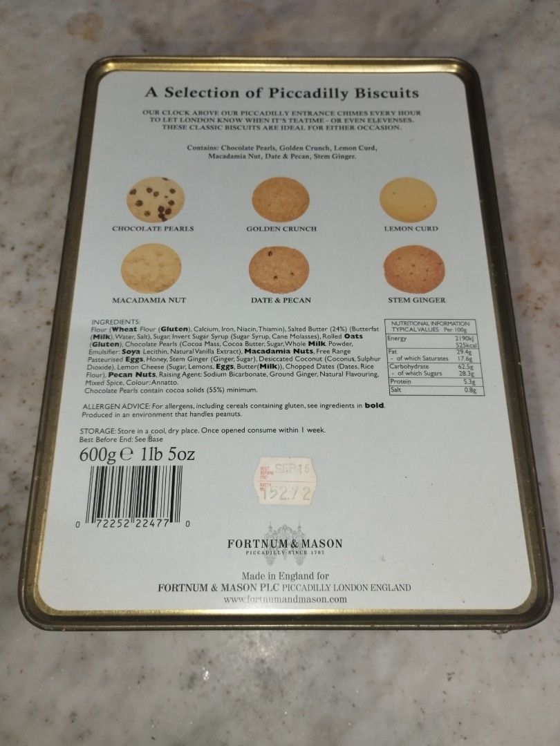 Empty box Piccadilly biscuits Fortnum Mason London England gold metal ...