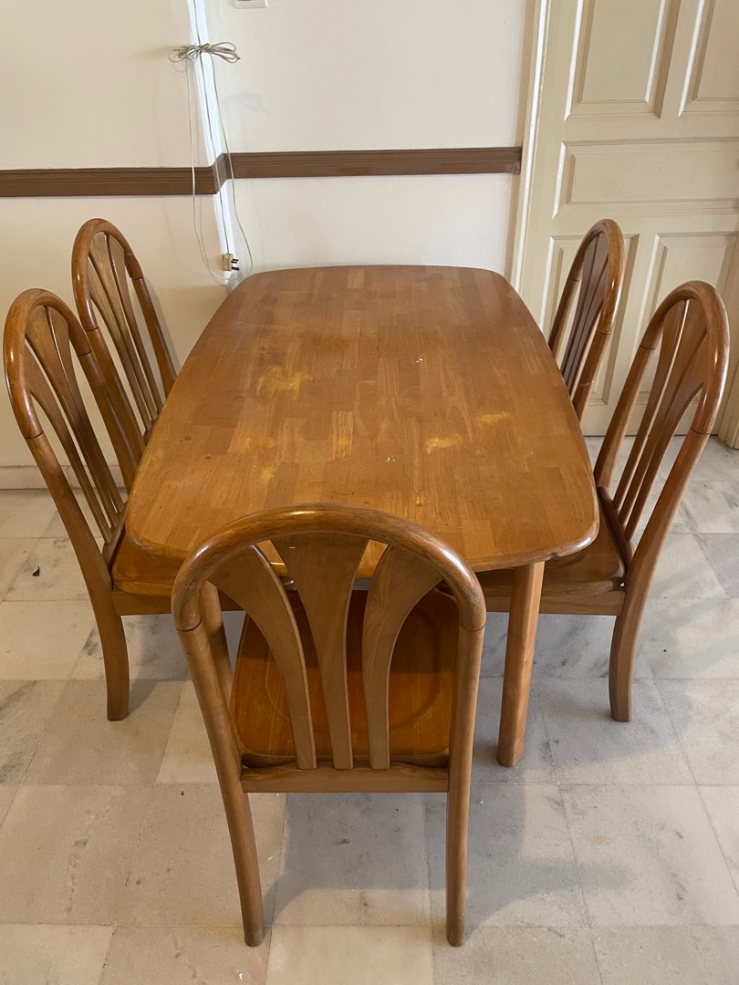 Solid wood dining table + 5 chairs, Furniture & Home Living, Furniture ...