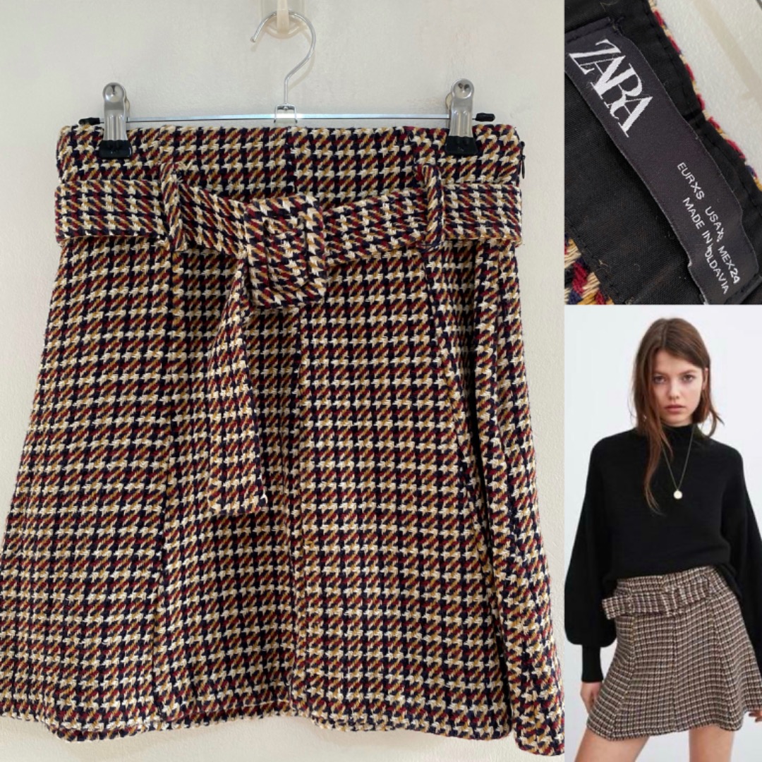 Zara Houndstooth Preppy Belt HW Skirt, Women's Fashion, Activewear on ...