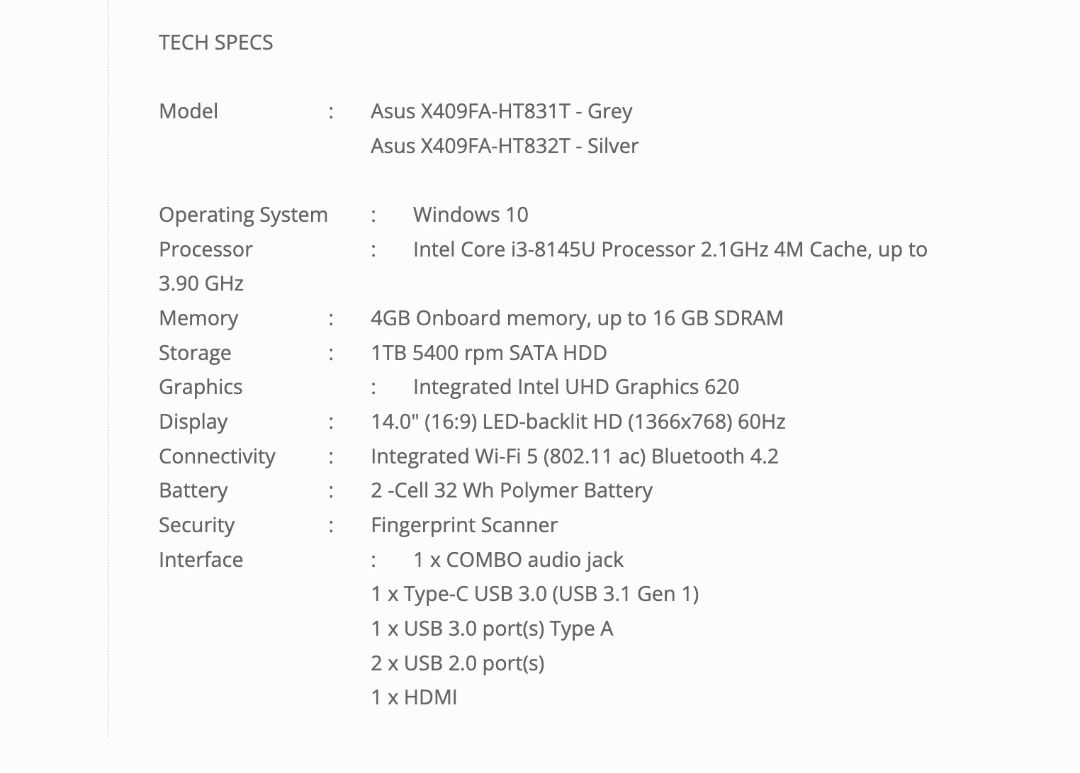 Asus Vivobook X409F Laptop i3 8th 20GB DDR4 1TB Intel HD 14in ...