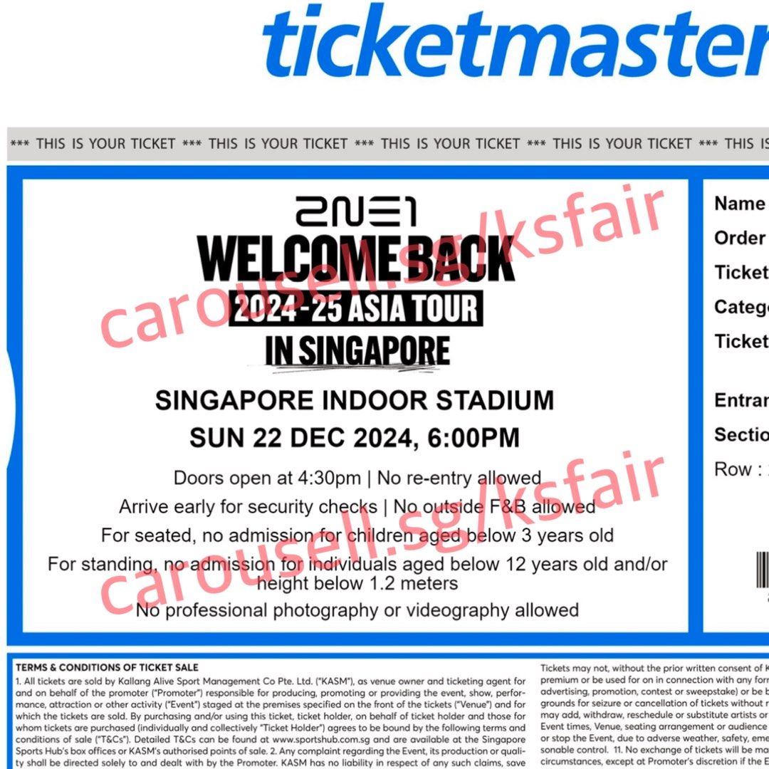 [DAY 2 VIP] 2NE1 Welcome Back SG Singapore Concert Ticket 219 222 233 ...