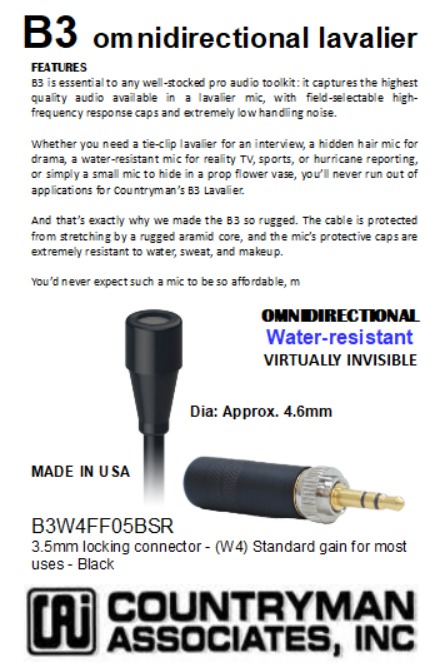 Countryman B3 omnidirectional lavalier microphone standard gain - Black ...