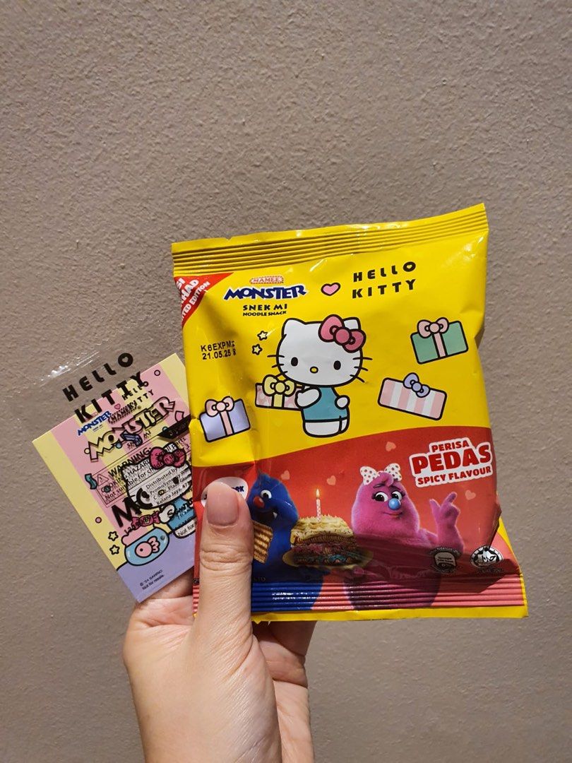 Monster mamee noodles snack with hello kitty sticker card, Food ...