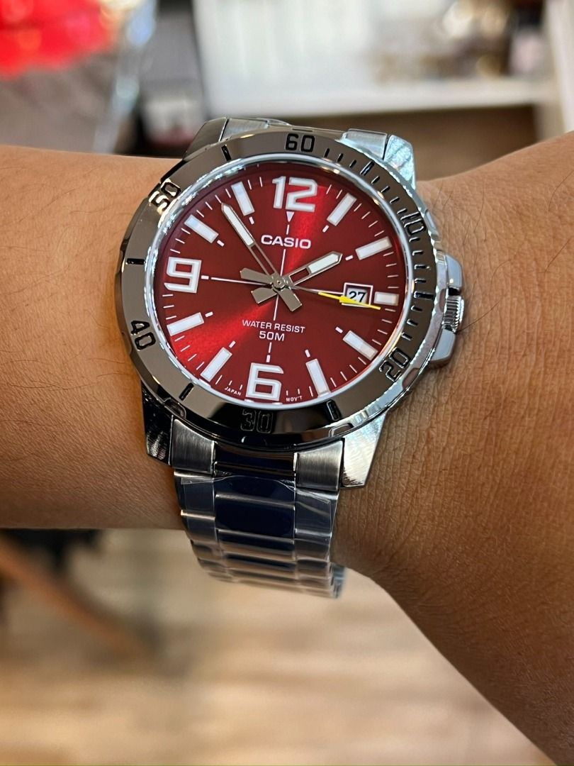 ORIGINAL CASIO Analog Red Dial Stainless Steel Men's Watch MTP-VD01D-4B ...