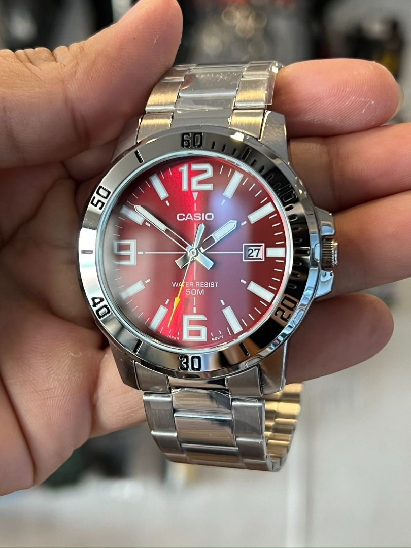 ORIGINAL CASIO Analog Red Dial Stainless Steel Men's Watch MTP-VD01D-4B ...
