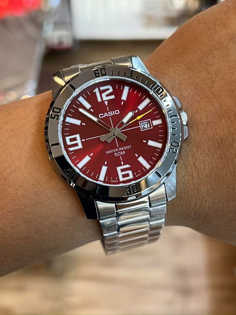 ORIGINAL CASIO Analog Red Dial Stainless Steel Men's Watch MTP-VD01D-4B ...