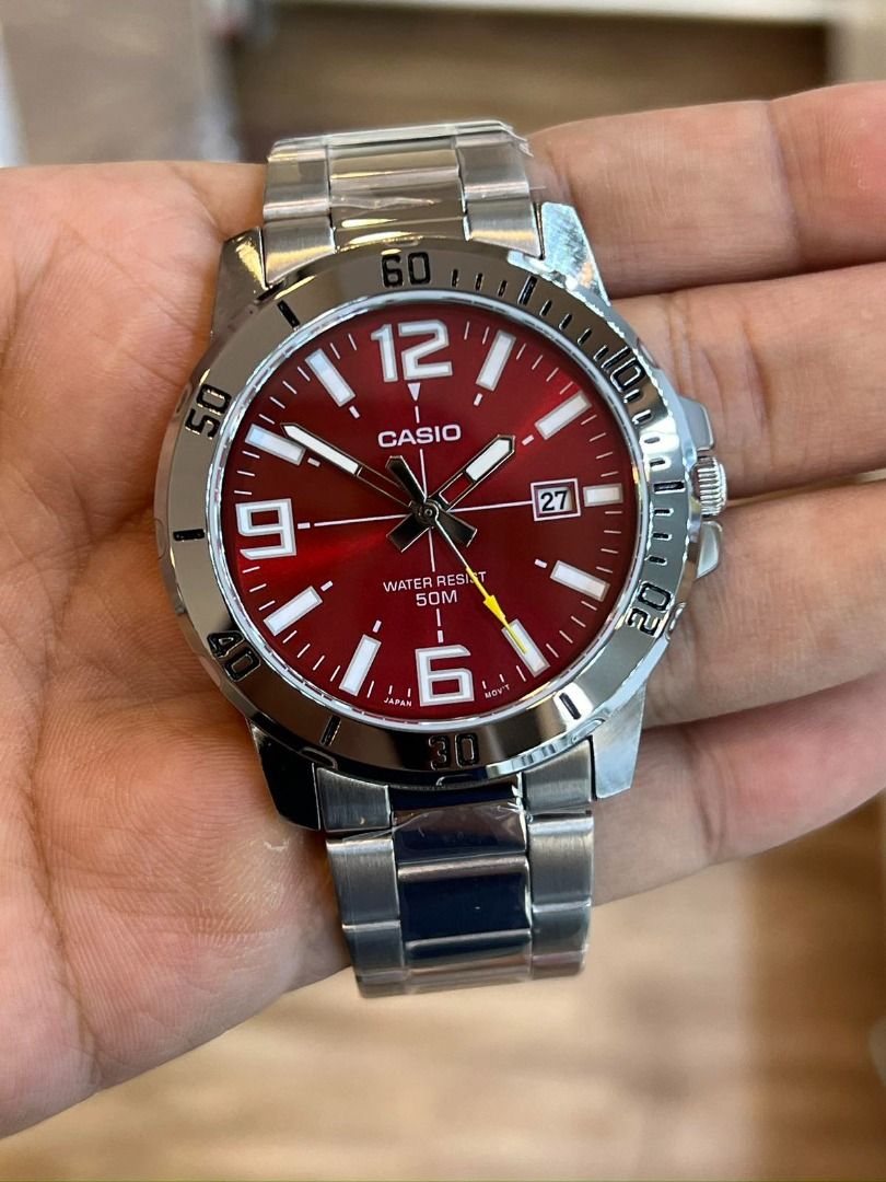 ORIGINAL CASIO Analog Red Dial Stainless Steel Men's Watch MTP-VD01D-4B ...
