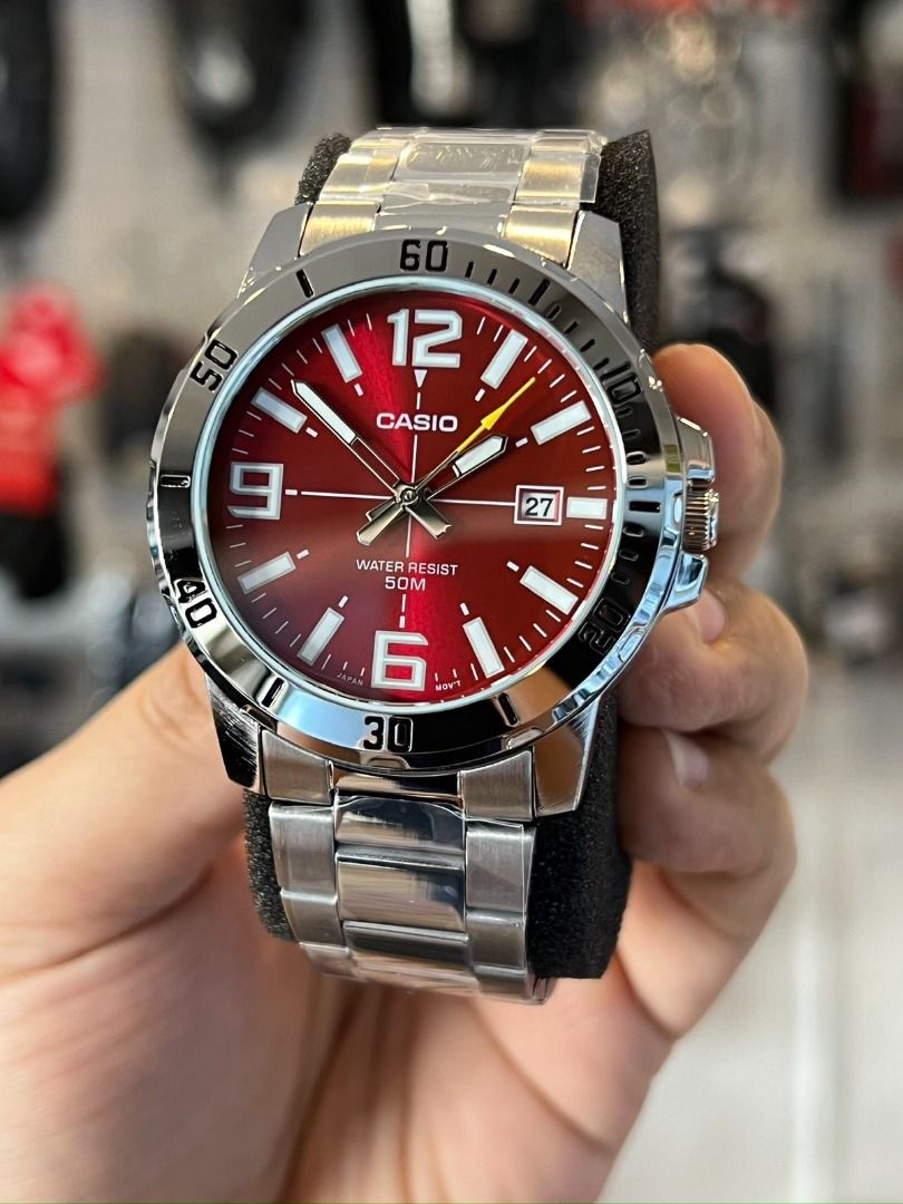 ORIGINAL CASIO Analog Red Dial Stainless Steel Men's Watch MTP-VD01D-4B ...