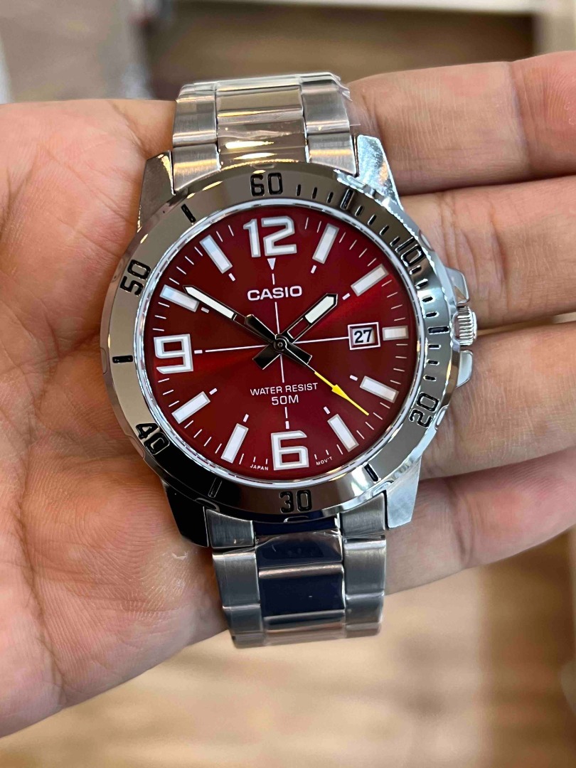 ORIGINAL CASIO Analog Red Dial Stainless Steel Men's Watch MTP-VD01D-4B ...