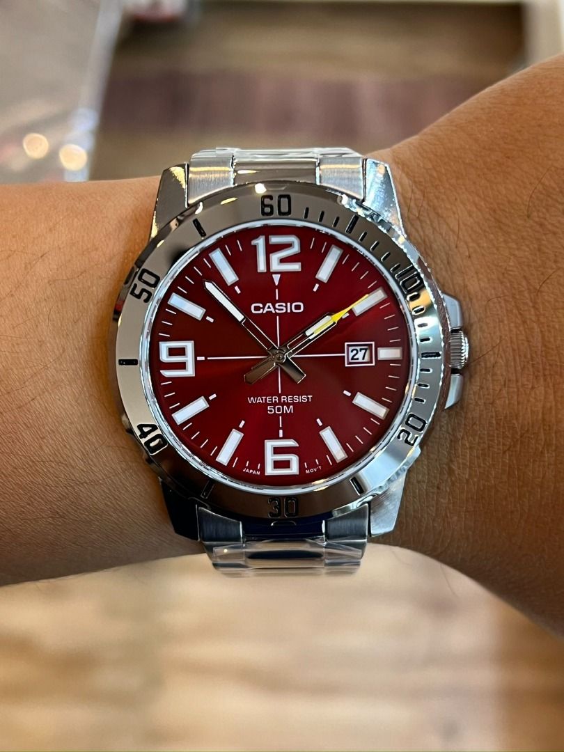 ORIGINAL CASIO Analog Red Dial Stainless Steel Men's Watch MTP-VD01D-4B ...