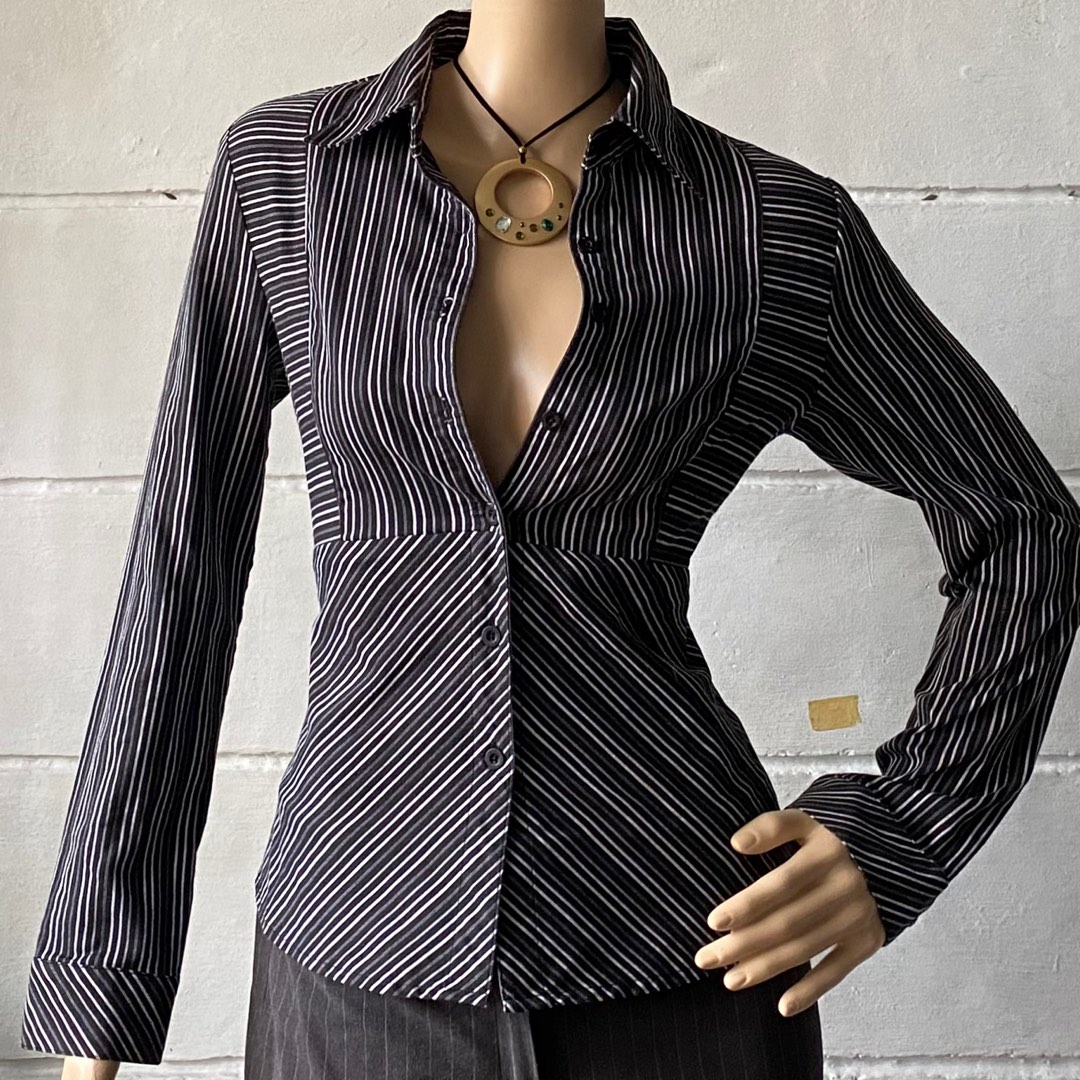 vintage wanko pinstripe buttoned top office siren corp core corporate ...