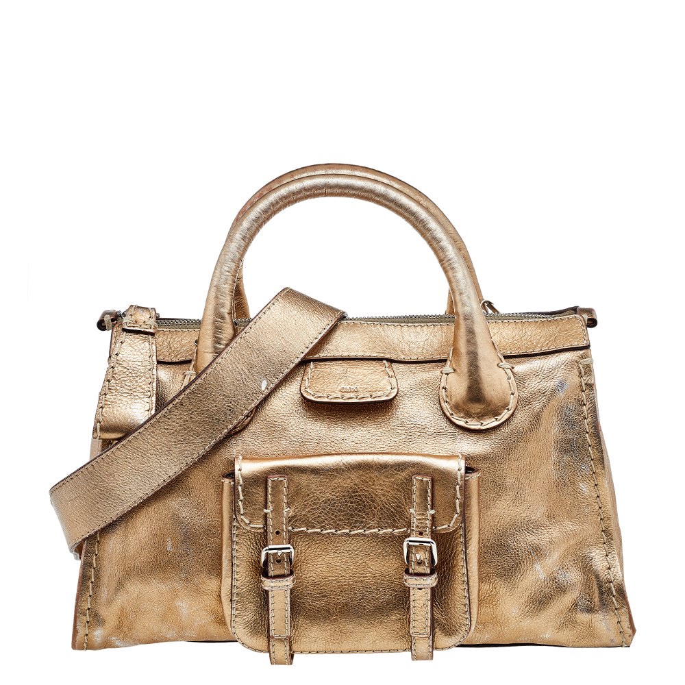 Chloe Rare Finds Metallic Gold Leather Front Pocket Edith Satchel ...