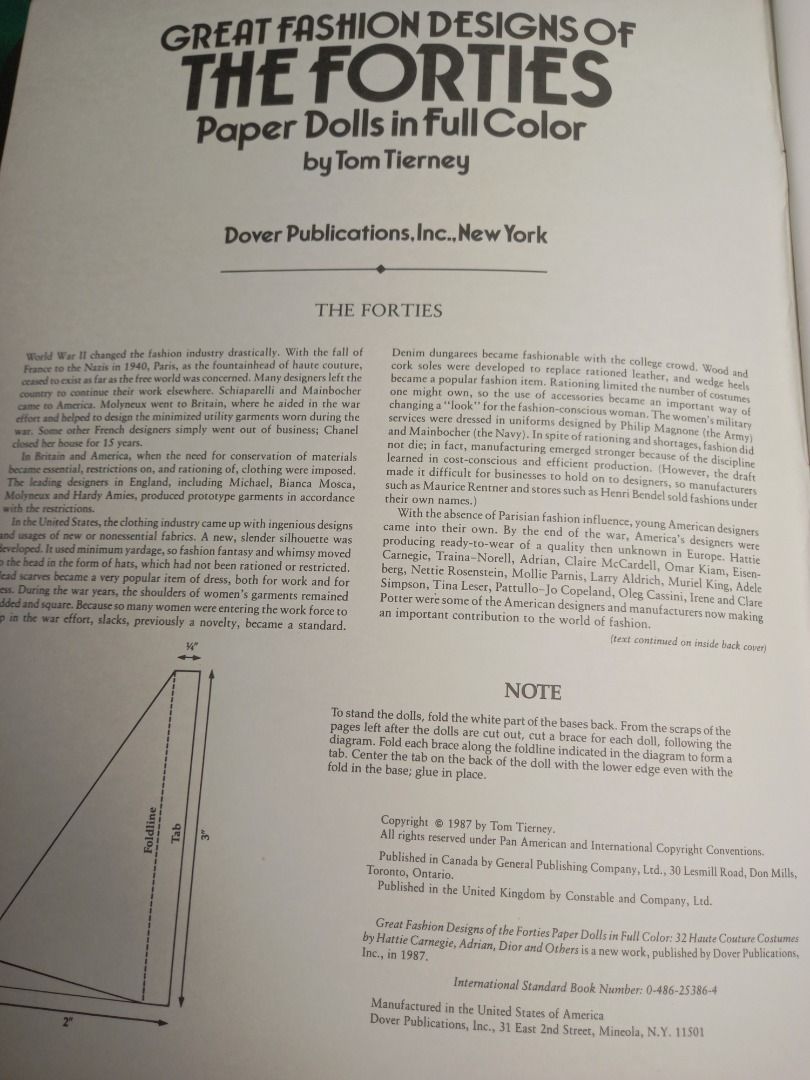 Vintage 1987 Great Fashion Designs Of The Forties Book Paper Dolls In ...