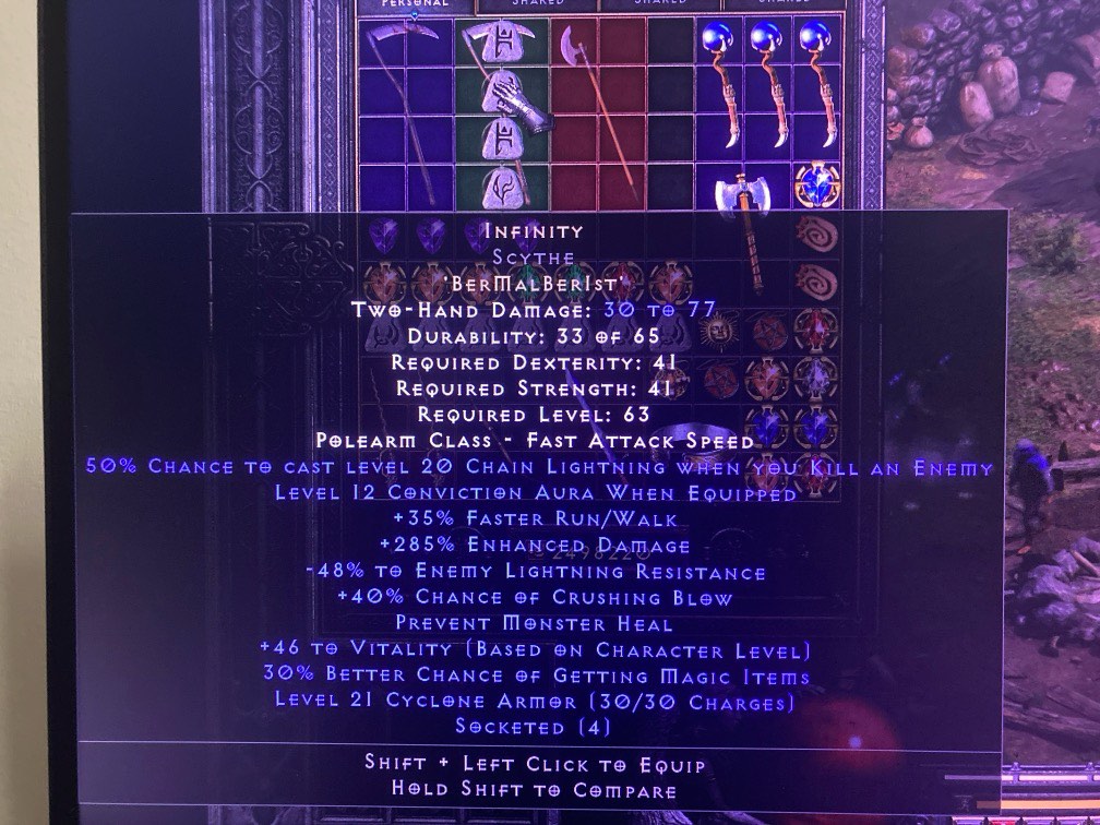 D2R non ladder Infinity runeword in Scythe, Video Gaming, Gaming ...