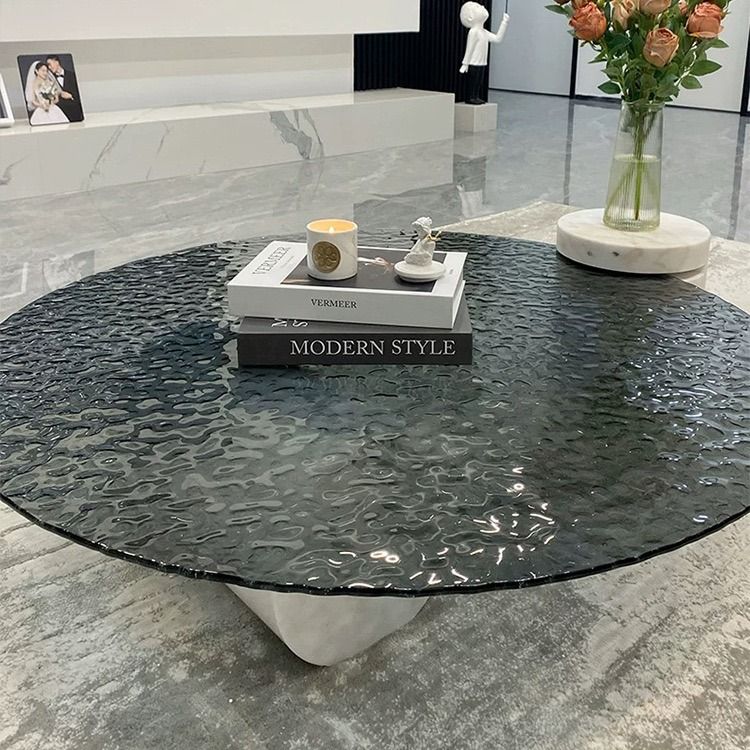 Evelyn Modern Water Ripple Corrugated Glass Round Coffee Table With ...