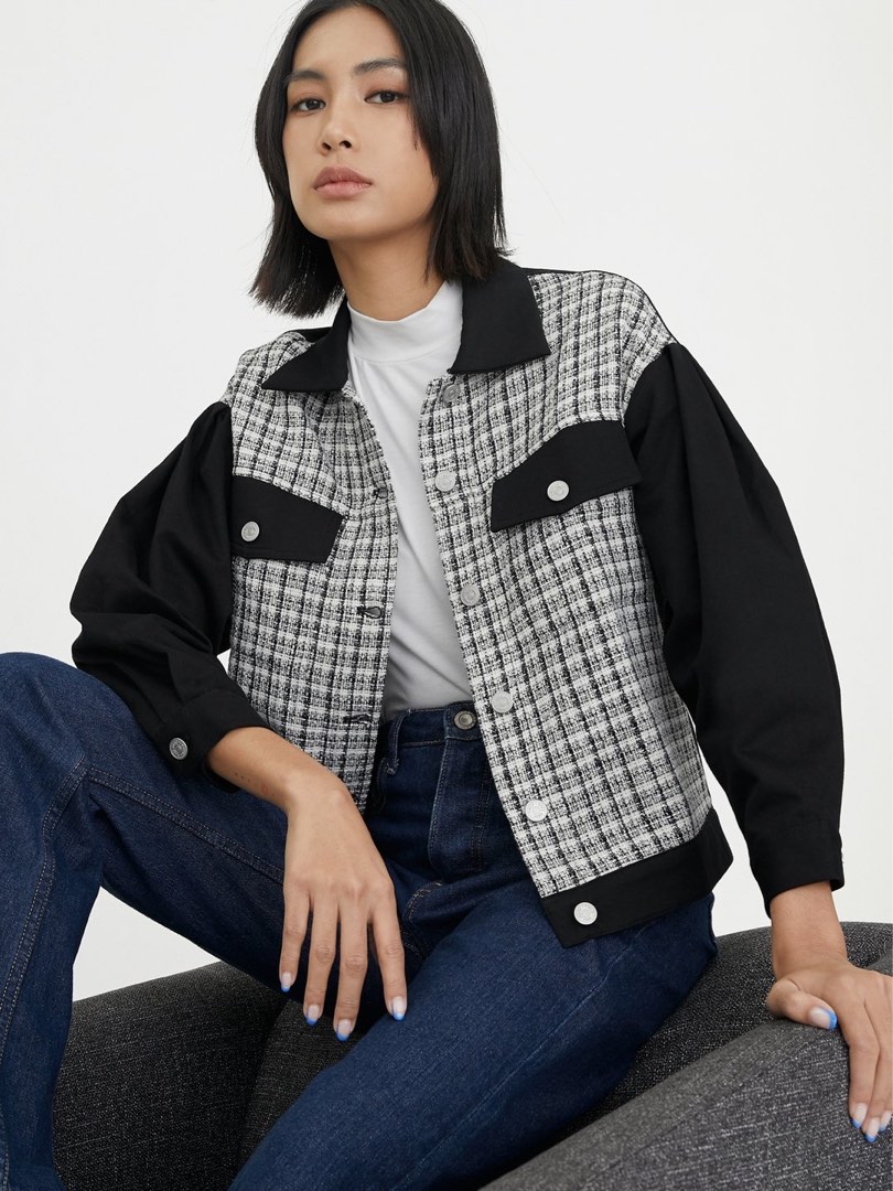 Pomelo Black Tweed Trucker Jacket, Women's Fashion, Coats, Jackets and ...