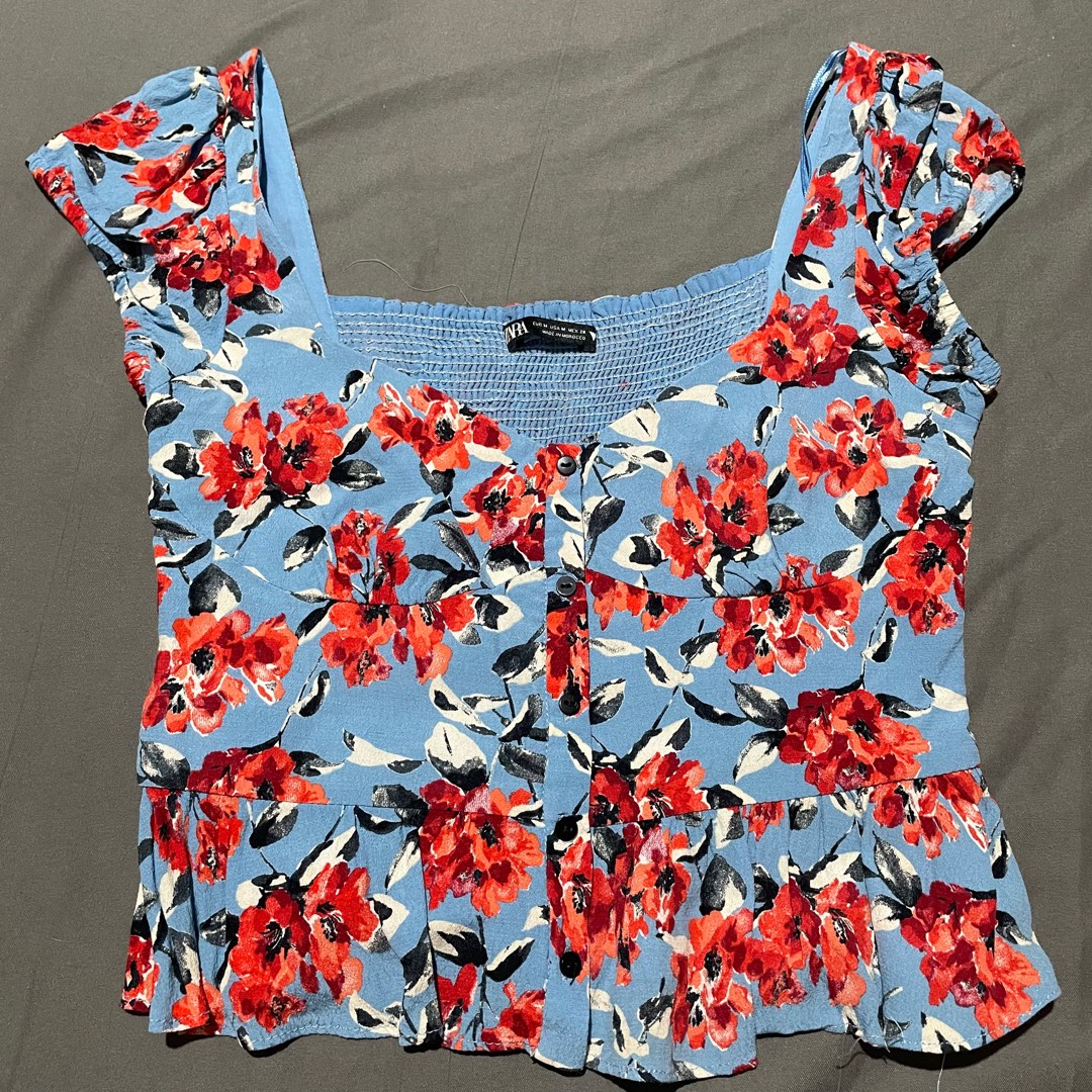 Zara Blue Floral Top, Women's Fashion, Tops, Blouses on Carousell
