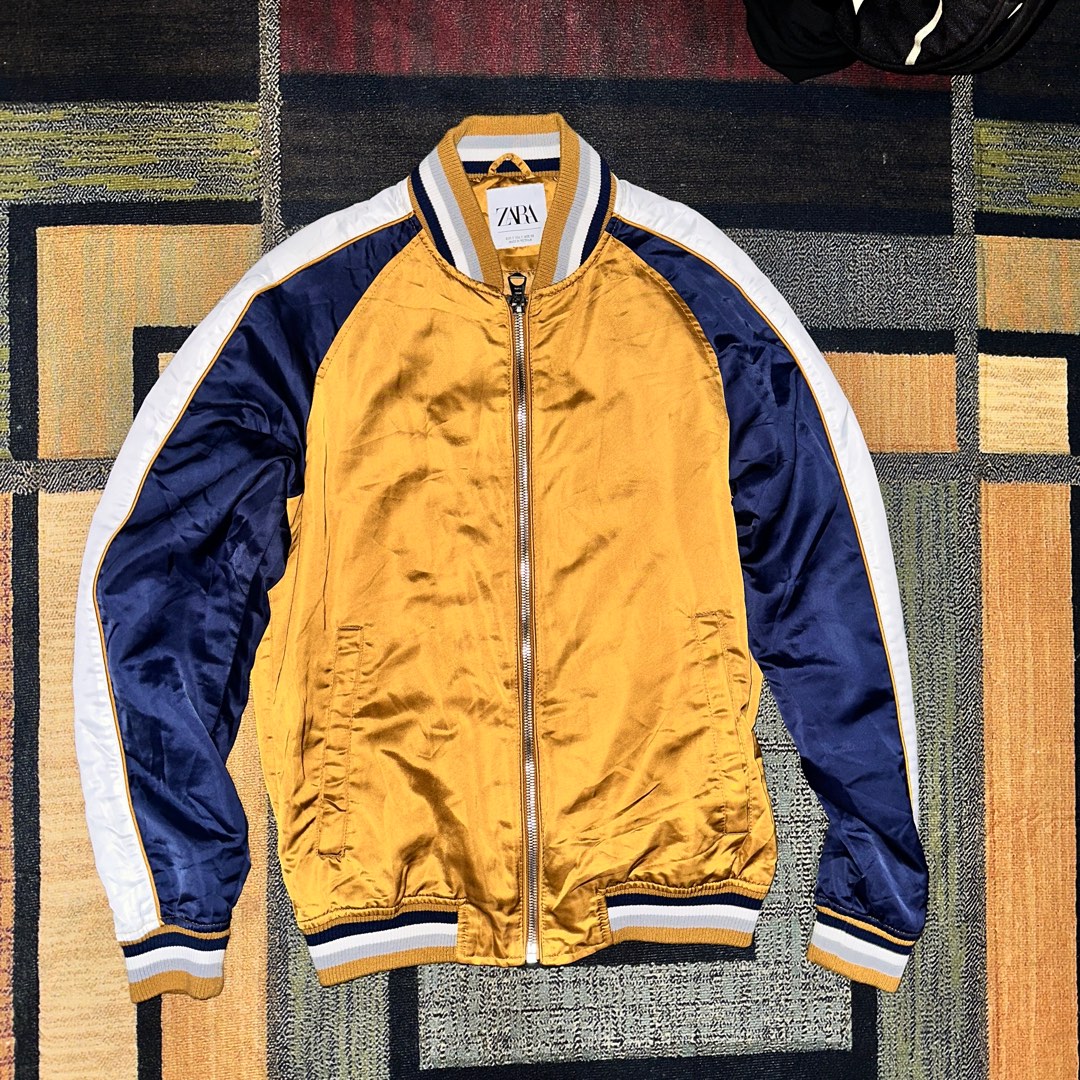 Zara Man Bomber Jacket Satin Silky Glanz Nylon Light Brown-Black-White ...