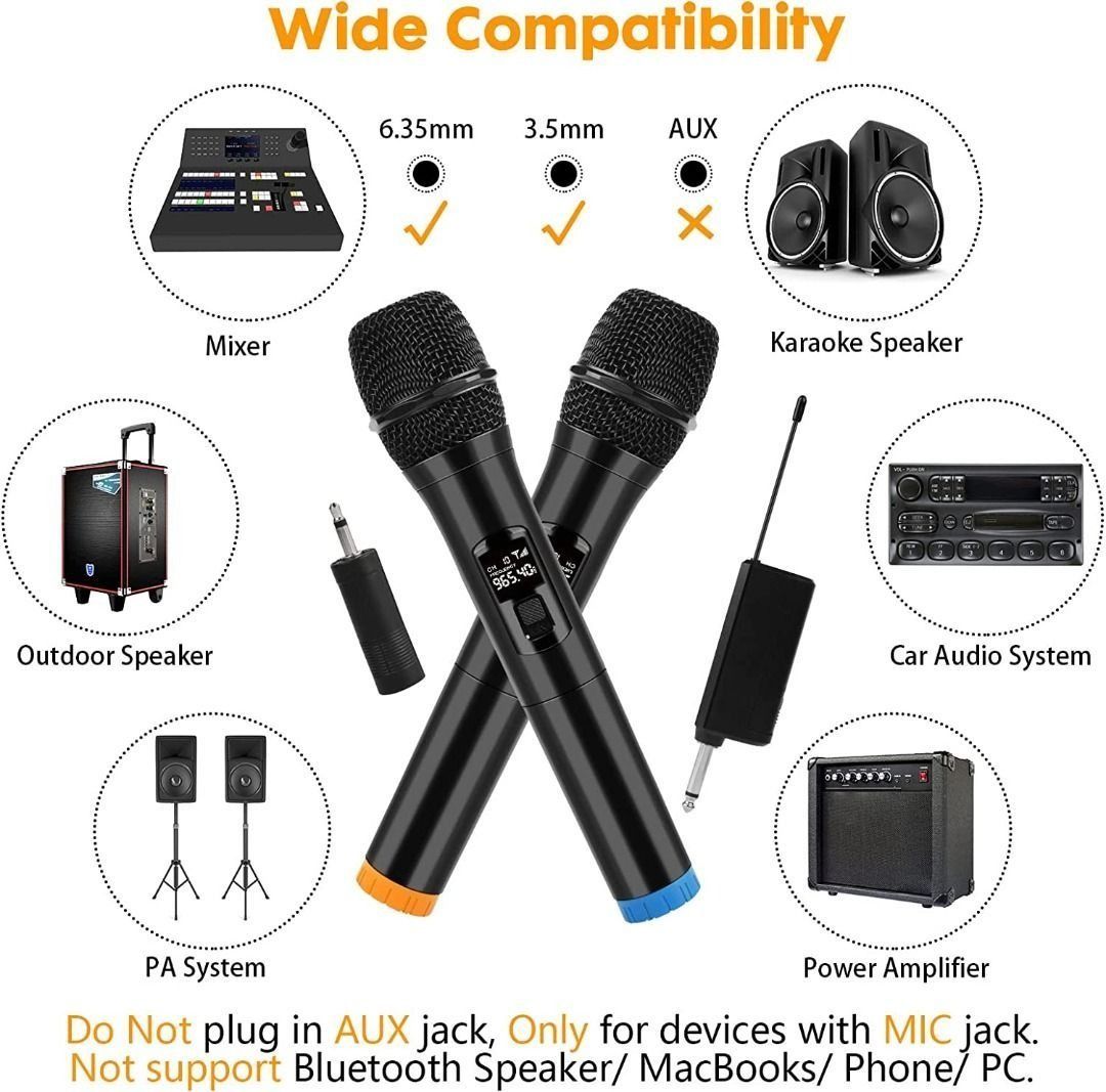 2 Set Wireless Microphones, Karaoke Microphone, UHF Wireless Dual ...