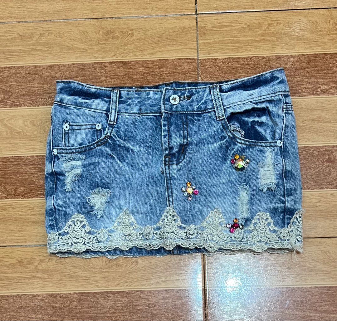Bejeweled Denim Laced Bohemian Washed Skirt Boho Y2K Vintage Gyaru ...