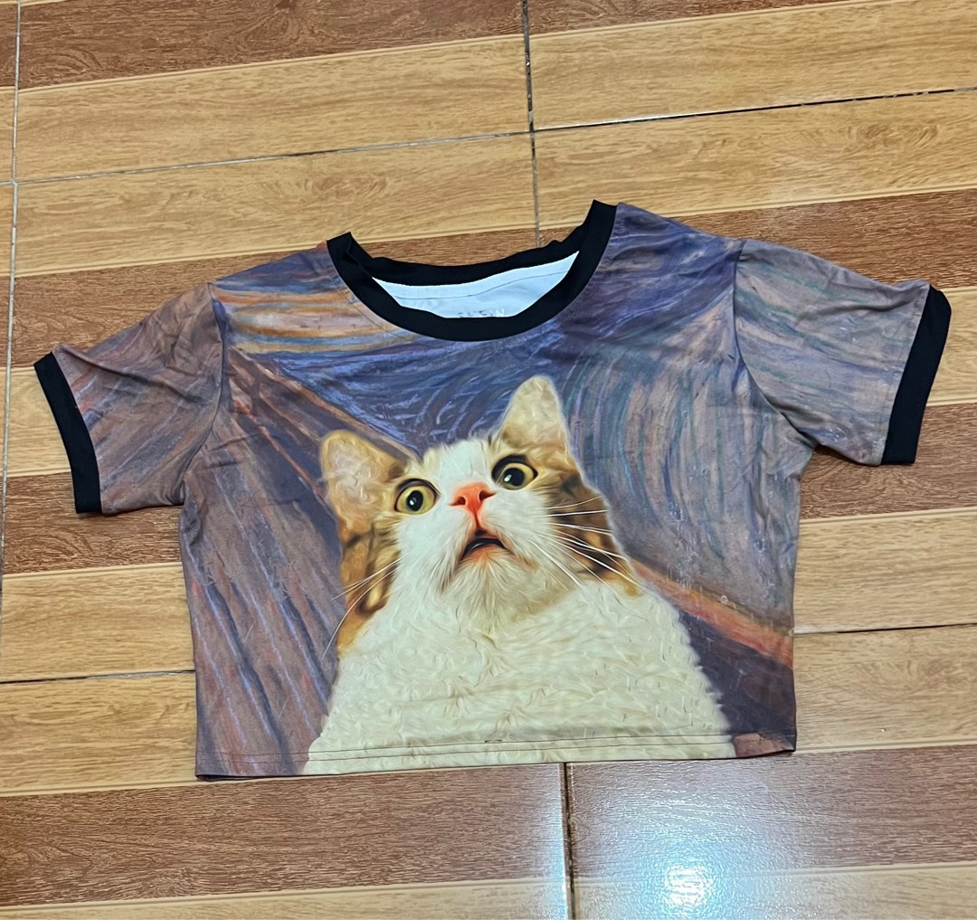 Cat Meme Cropped Shirt Kidcore Twee Gyaru, Women's Fashion, Tops ...