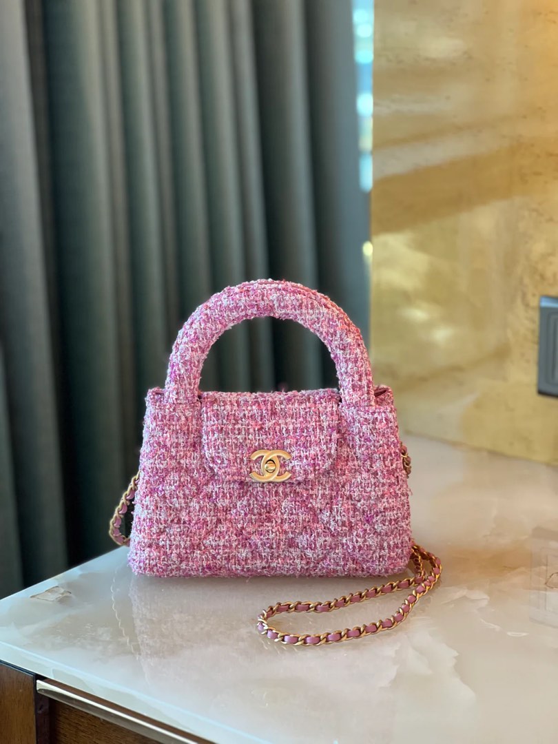 Chanel Kelly Bag Mini Nano 24P 24K tweed pink, 名牌, 手袋及銀包 - Carousell