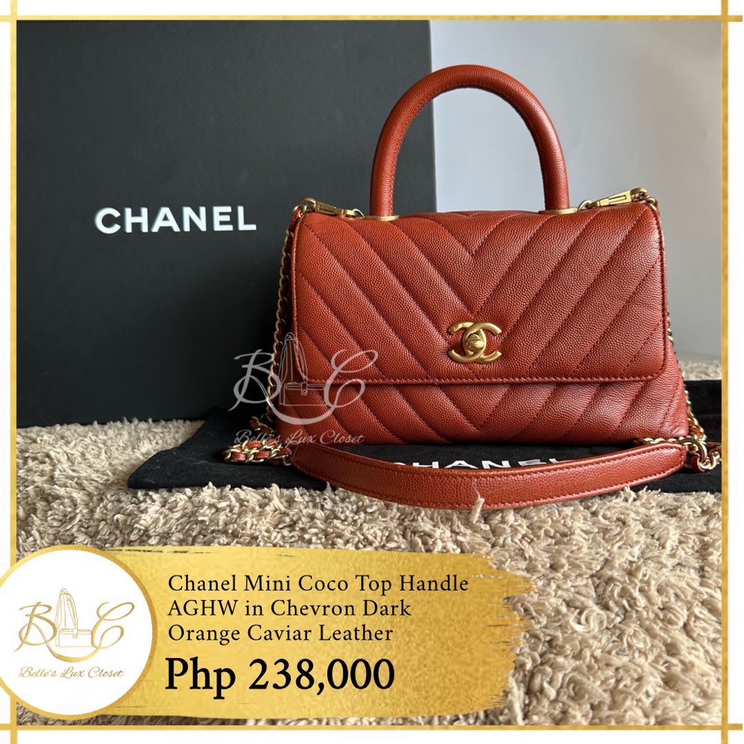 Chanel Mini Coco Top Handle Dark Orange Chevron Caviar, Luxury, Bags ...