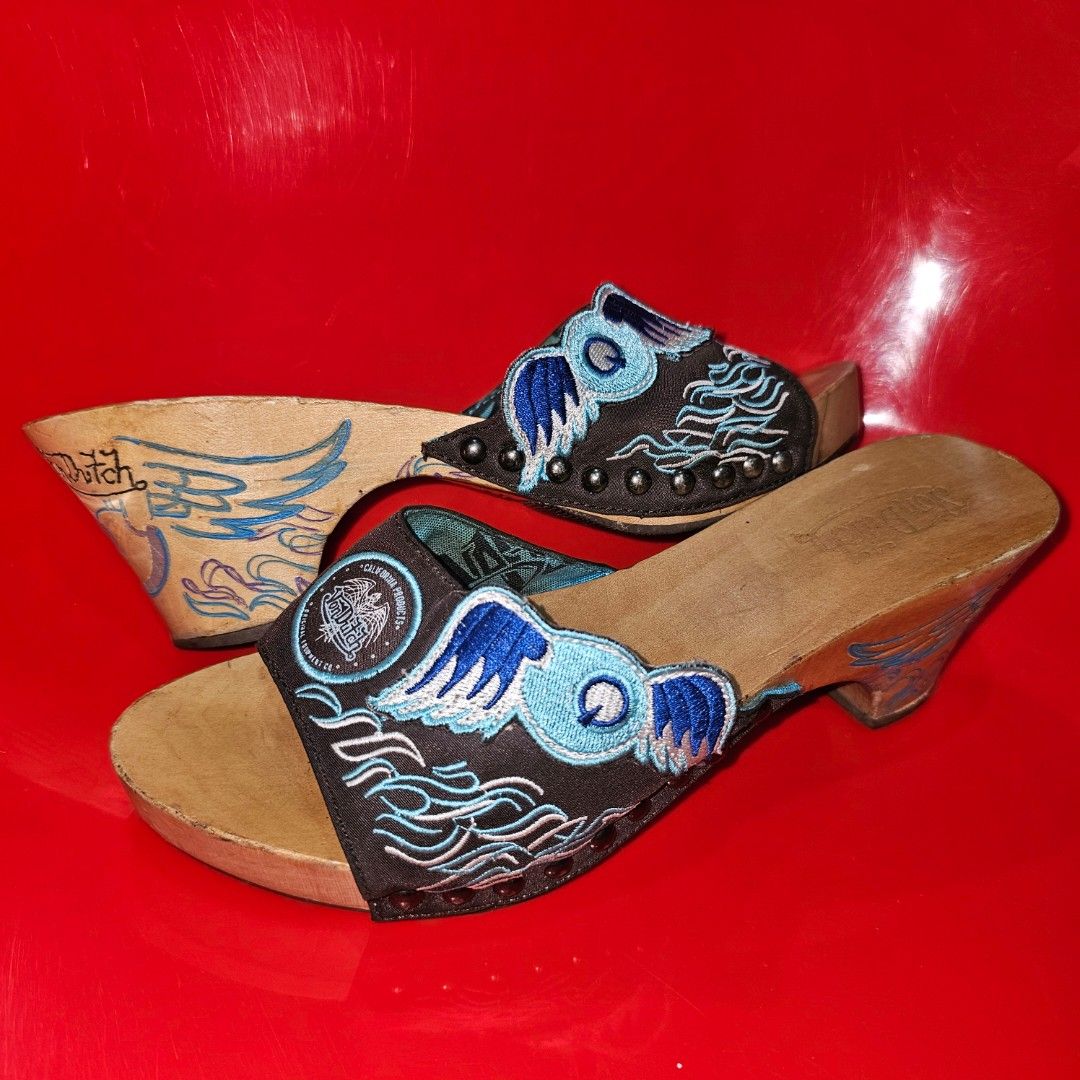 EUR 37/24 cm/US 7/UK 4 von dutch vintage y2k angel wings wood clogs ...