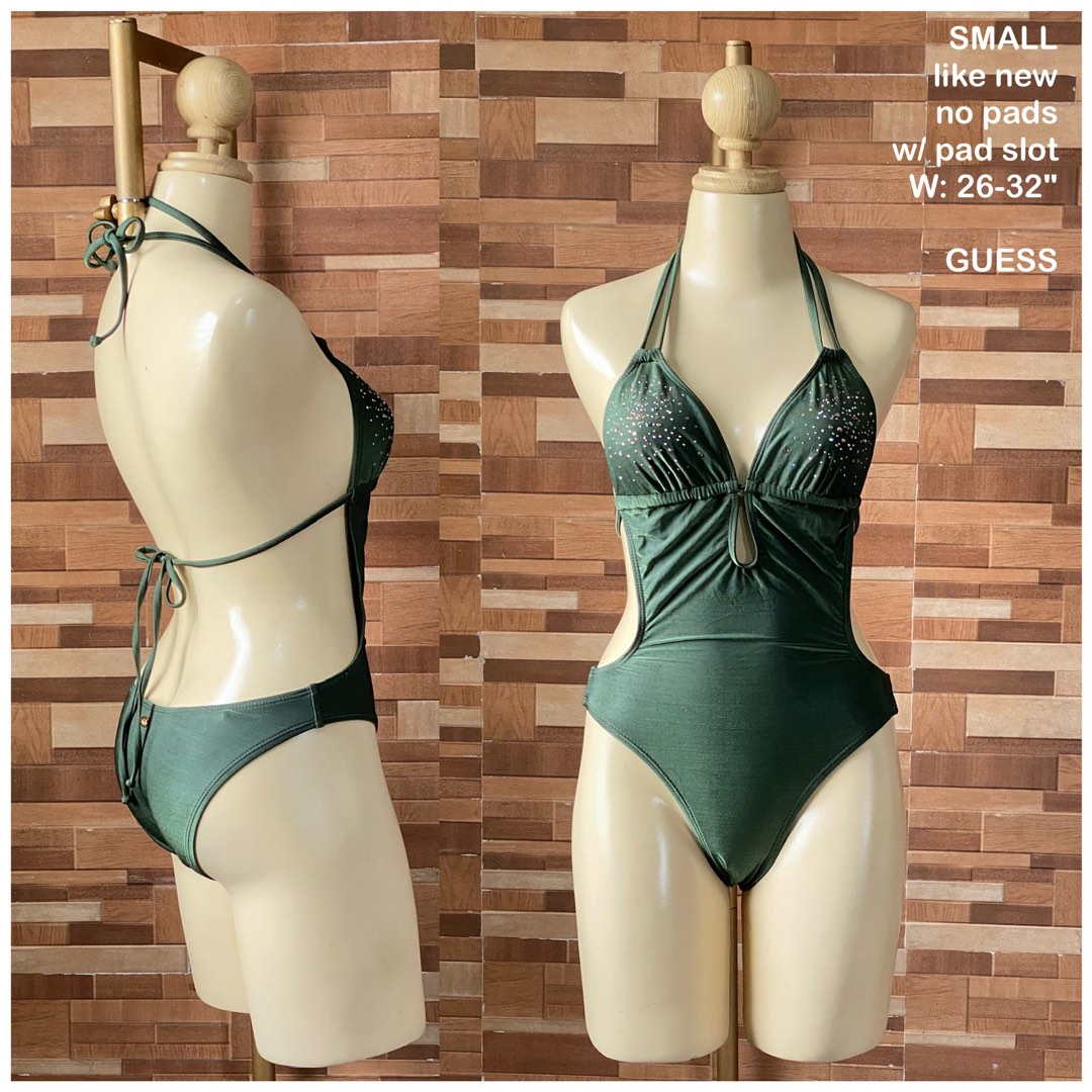 GUESS METALLIC ARMY GREEN W/ GEMS ONE PIECE SWIMSUIT, Women's Fashion, Swimwear, Bikinis ...