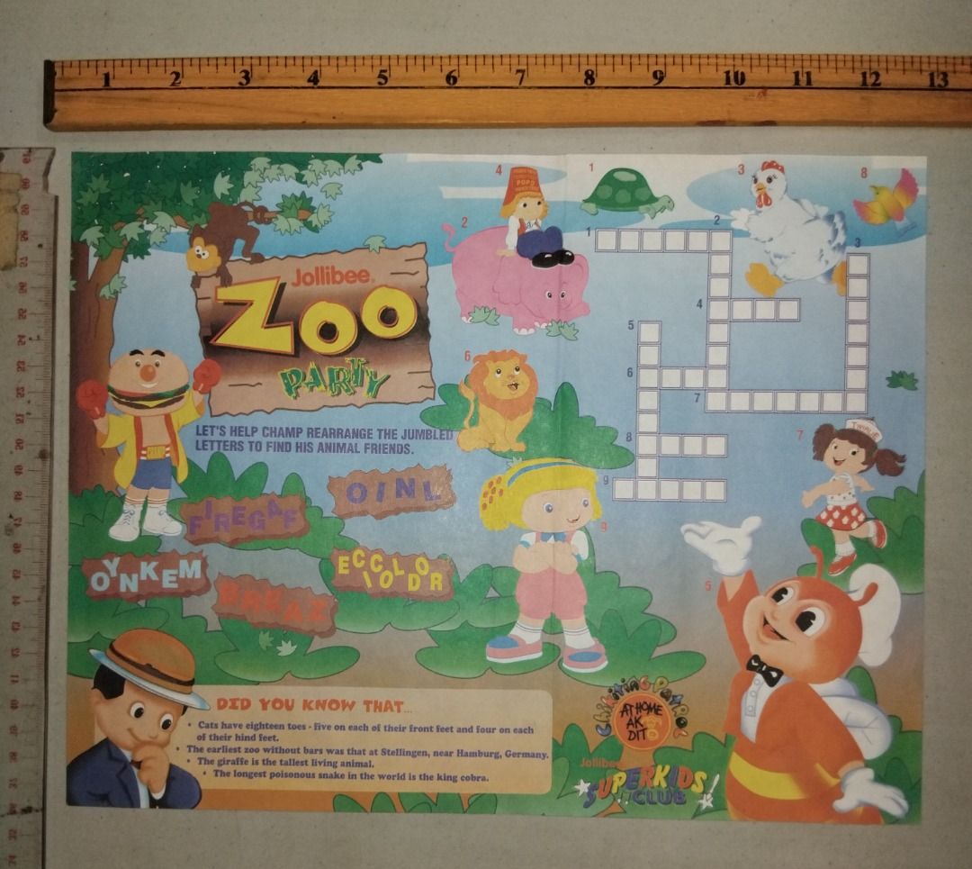 Jollibee 1997 Zoo Party - Tray Liner - vintage, collectible, rare ...