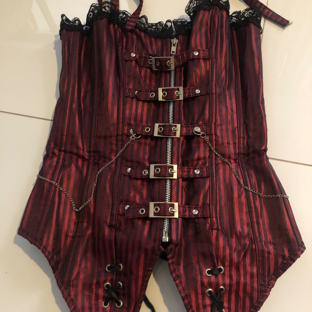 PUNK METAL GRUNGE CORSET WITH CHAINS AND LACE AND RIBBONS DARK HOT PINK ...
