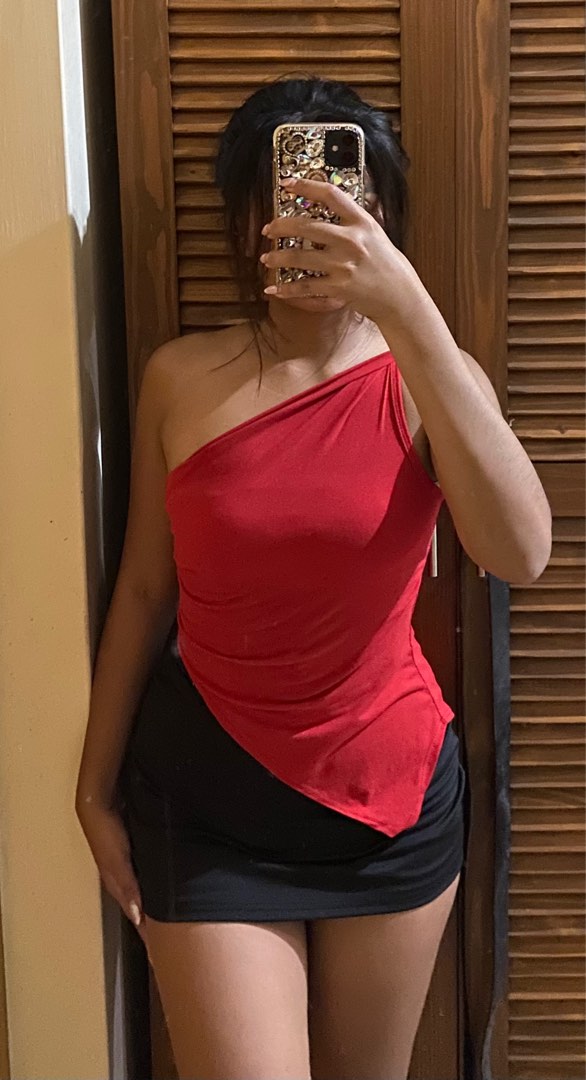 Red asymmetrical top and black skirt SET, Women's Fashion, Dresses ...