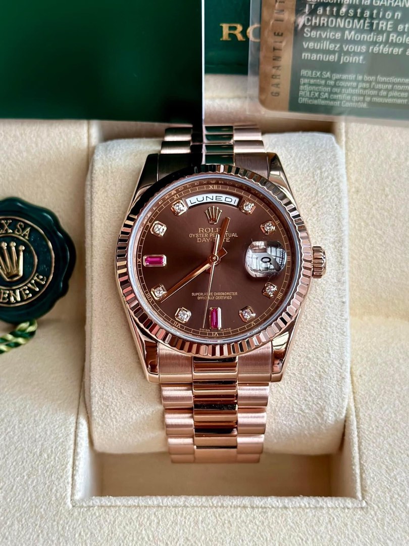 ROLEX ROSE GOLD DAY DATE CHOCO BAGUETTE RUBY DIAL, Luxury, Watches on ...