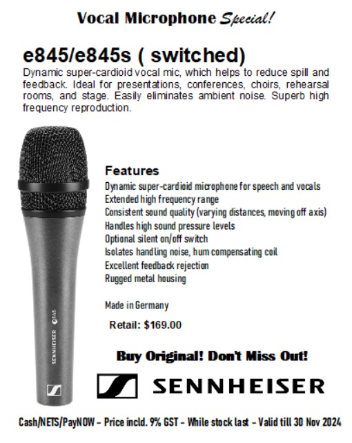 Sennheiser e845/ e845s Dynamic Super-cardioid handheld vocal microphone ...