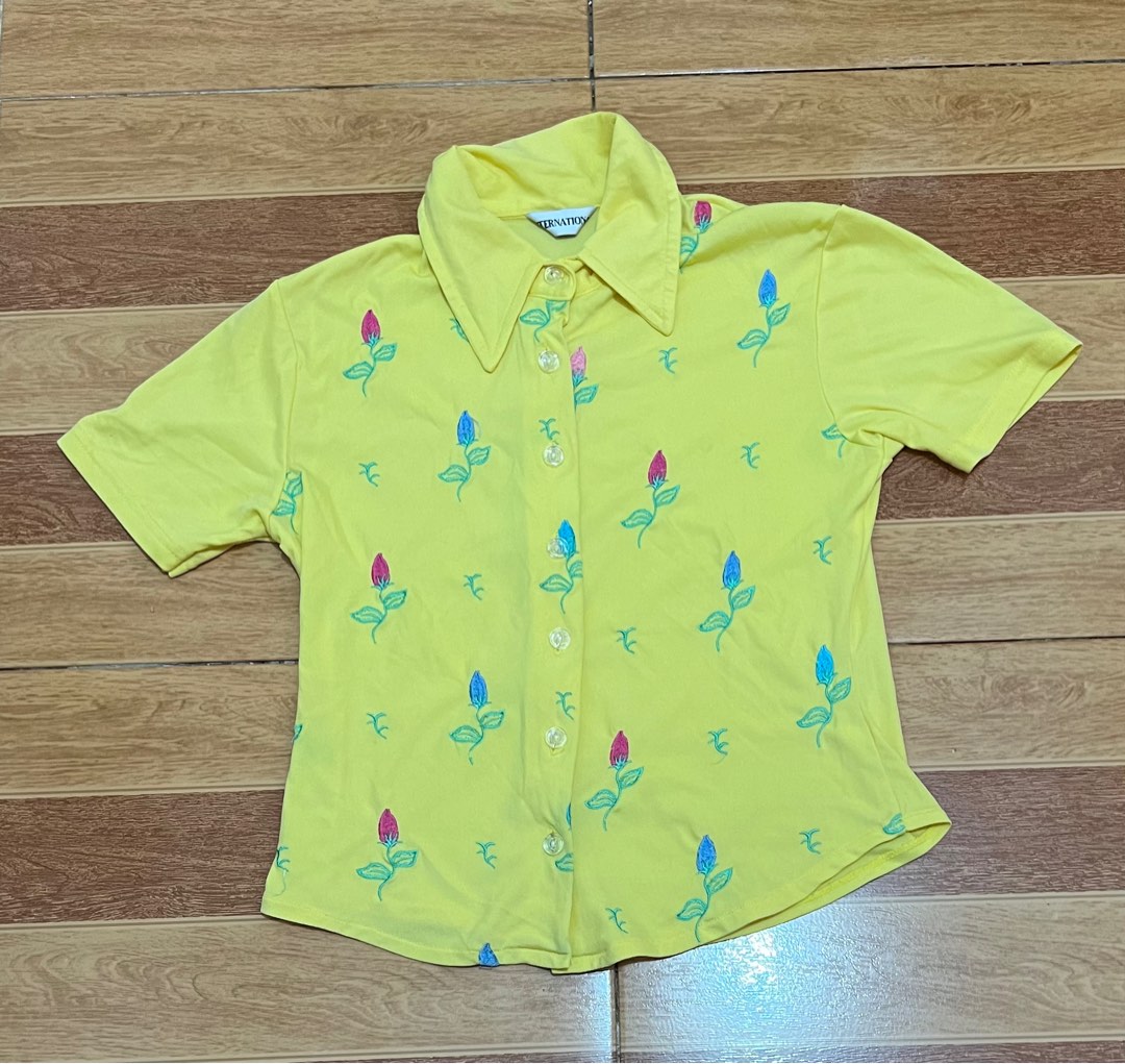 Yellow Fitted Polo Whimsical Cottagecore Fairycore Kidcore Gyaru Floral ...