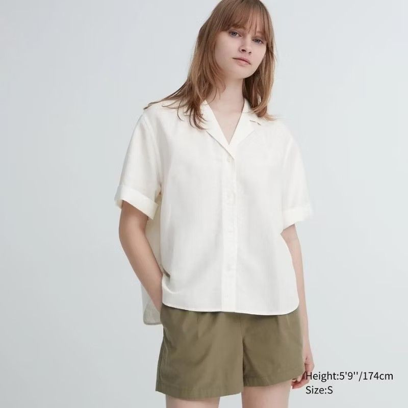 LD 108 Short Sleeve Open Collar Broken White Linen by UNIQLO, Fesyen Wanita, Pakaian Wanita ...