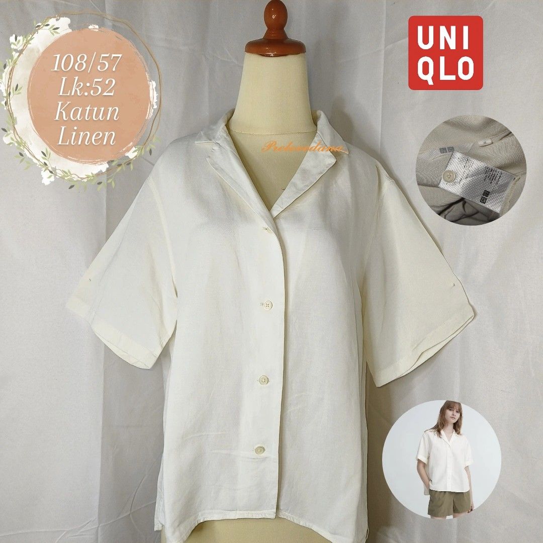 LD 108 Short Sleeve Open Collar Broken White Linen by UNIQLO, Fesyen Wanita, Pakaian Wanita ...