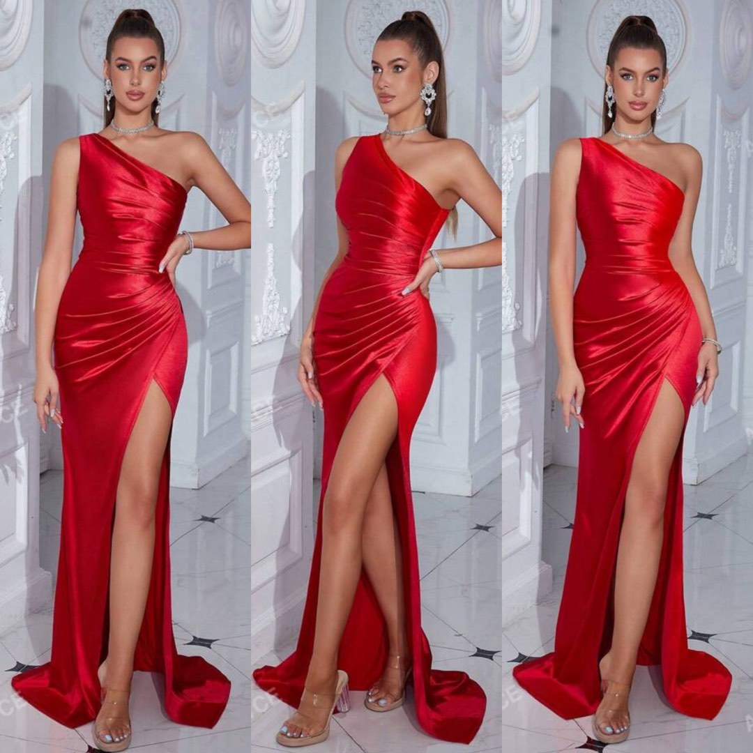 SHEIN ADYCE RED satin One Shoulder Elegant Pleated High Slit Cocktail Party Prom formal gown ...