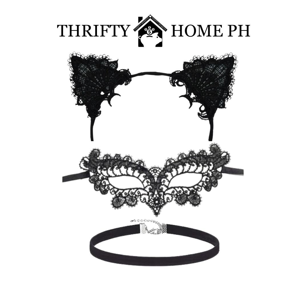 3-in-1 Complete Cat Costume Set (Cat Ears, Lace Cat Mask, Cat Collar ...