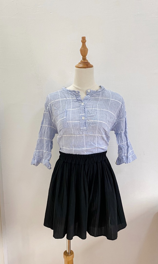 baby blue / powder blue plaid korean top, Women's Fashion, Tops ...