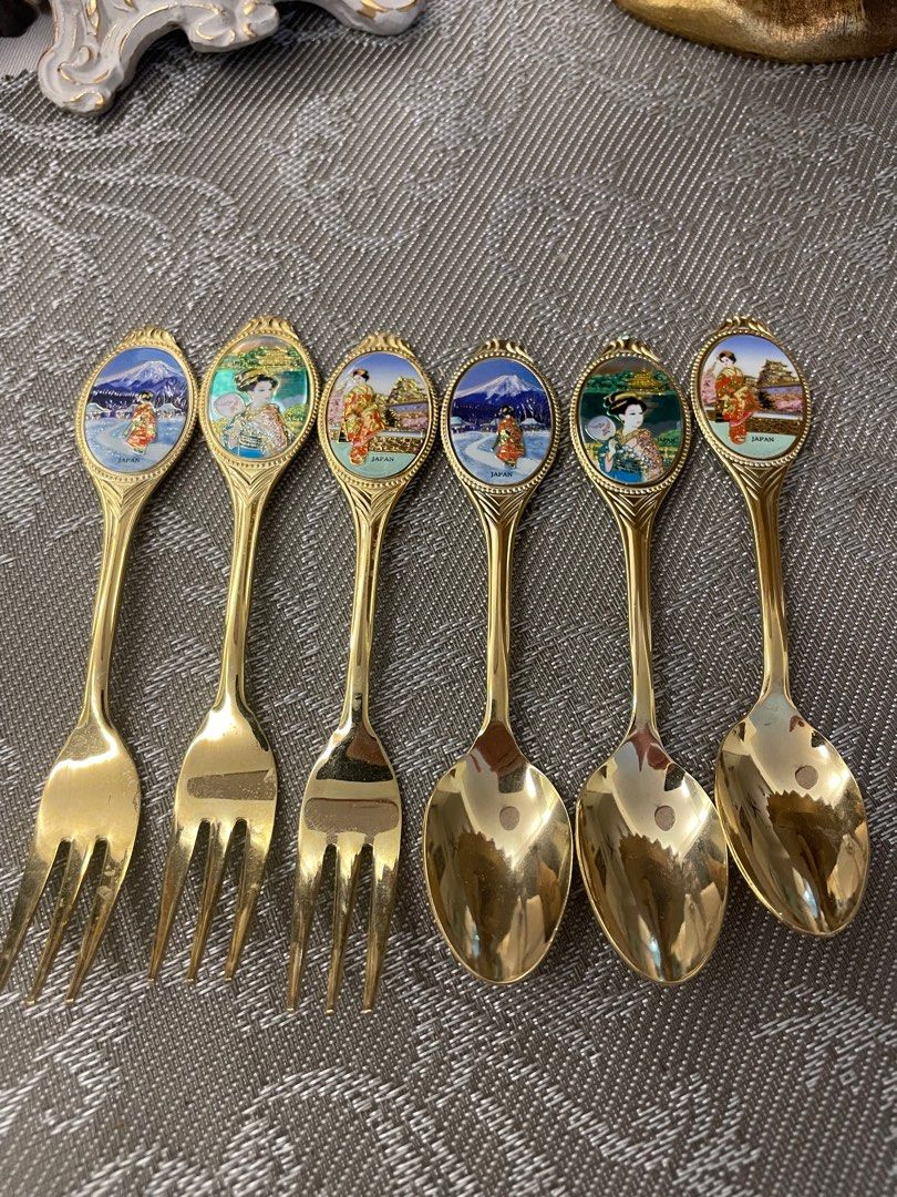 Japanese Chokin Migita Gold Plated collectible small forks and spoons ...