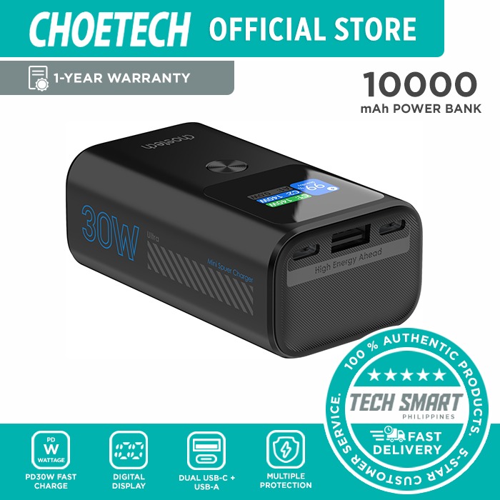 CHOETECH 10000mAh PD 30W 3-Port and TFT Display Power Bank, Mobile ...