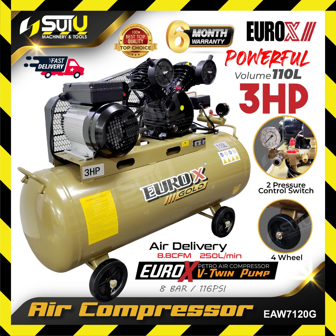 [COMPRESSOR ONLY] EUROX EAW7120G / EAW-7120G 110L 3HP Single Phase Belt Driven Air Compressor ...