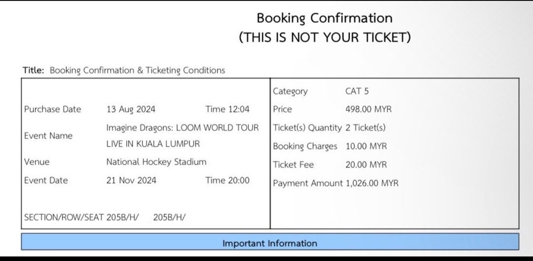 Imagine dragons ticket cat 5 (205B) event date 21/11/2024, Tickets ...