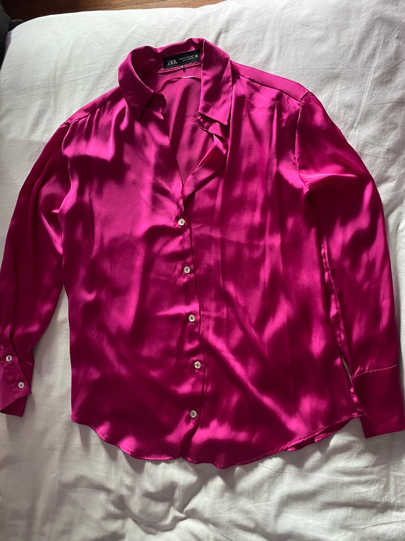 Neon Pink Satin Button Down from Zara, Women's Fashion, Tops ...